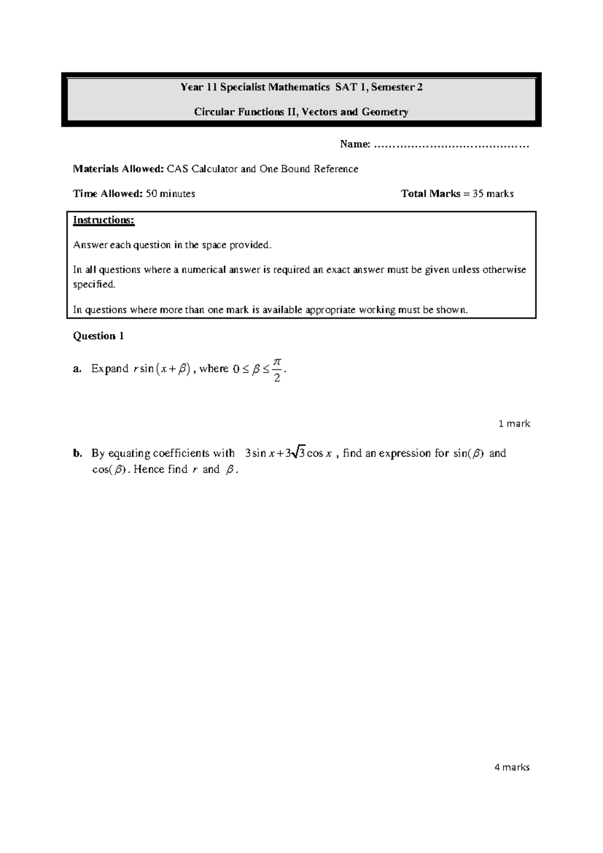 Year 11 Specialist Maths - SAT 1 Worksheet on Vectors & Trig - Studocu