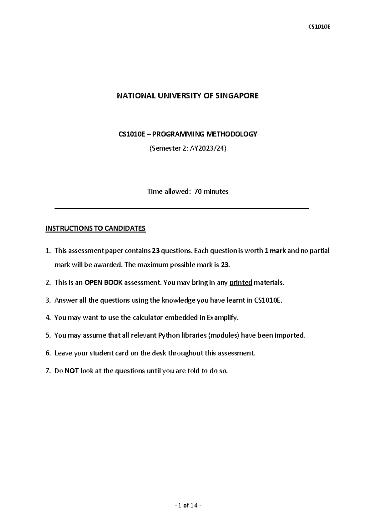 CS1010E S2 Midterm Exam Answers and Solutions - Studocu