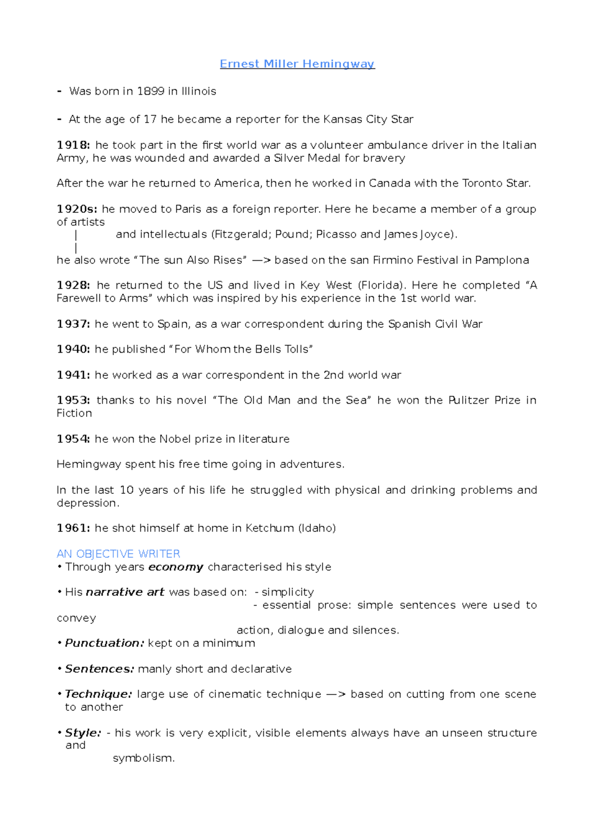 Final Exam Study Notes on Ernest Miller Hemingway (ENG 101) - Studocu