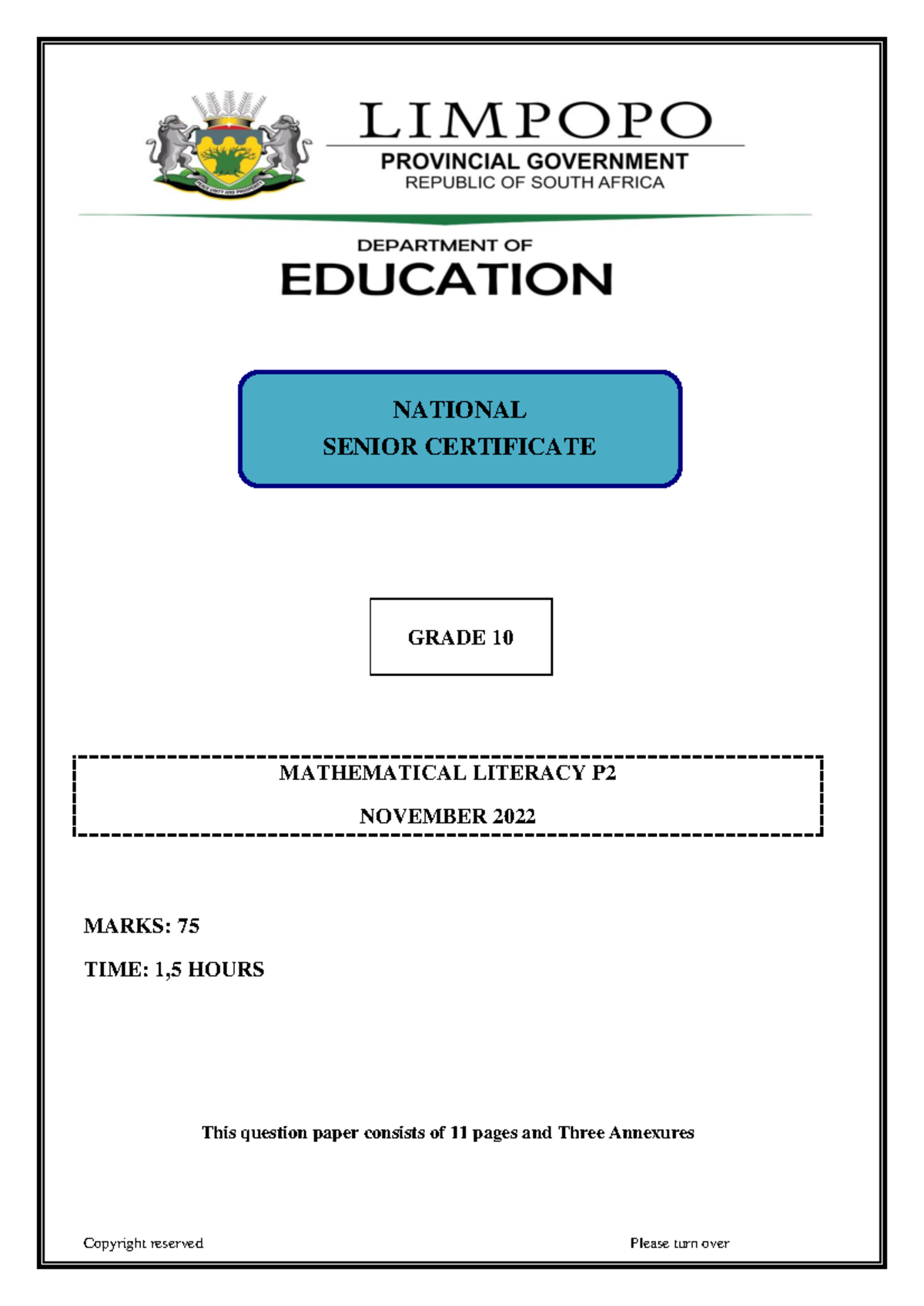 Math Lit Final Exam Q Paper P2 Nov 2022 - Grade 10 - Studocu