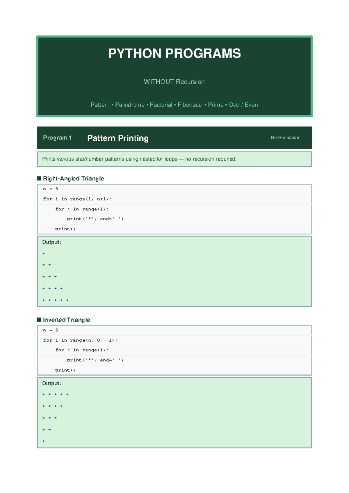 Python Programs Without Recursion: Patterns, Palindromes, and More ...