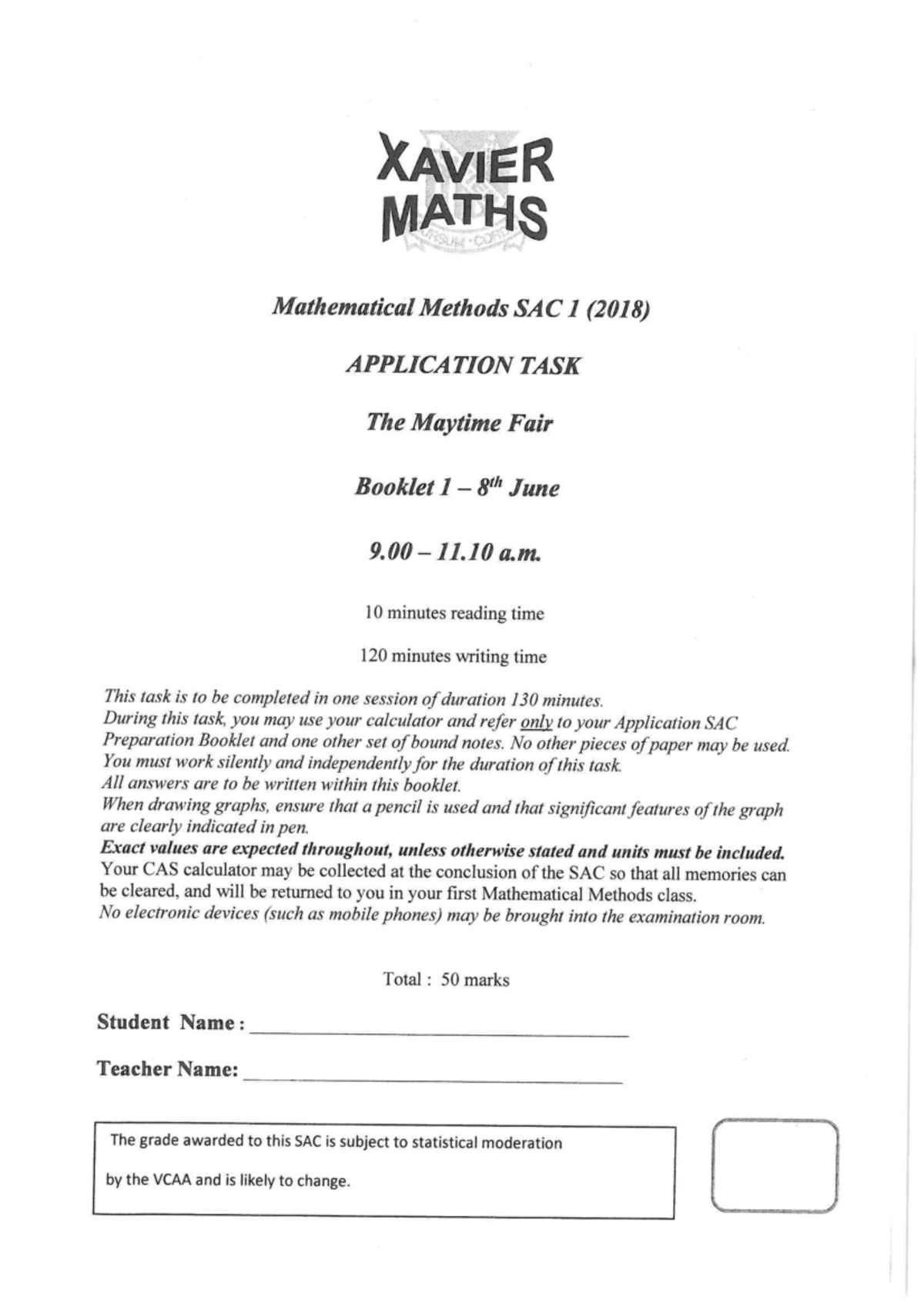 XC 2018 12MME SAC 1 - Mathematical Methods Application Task - Studocu