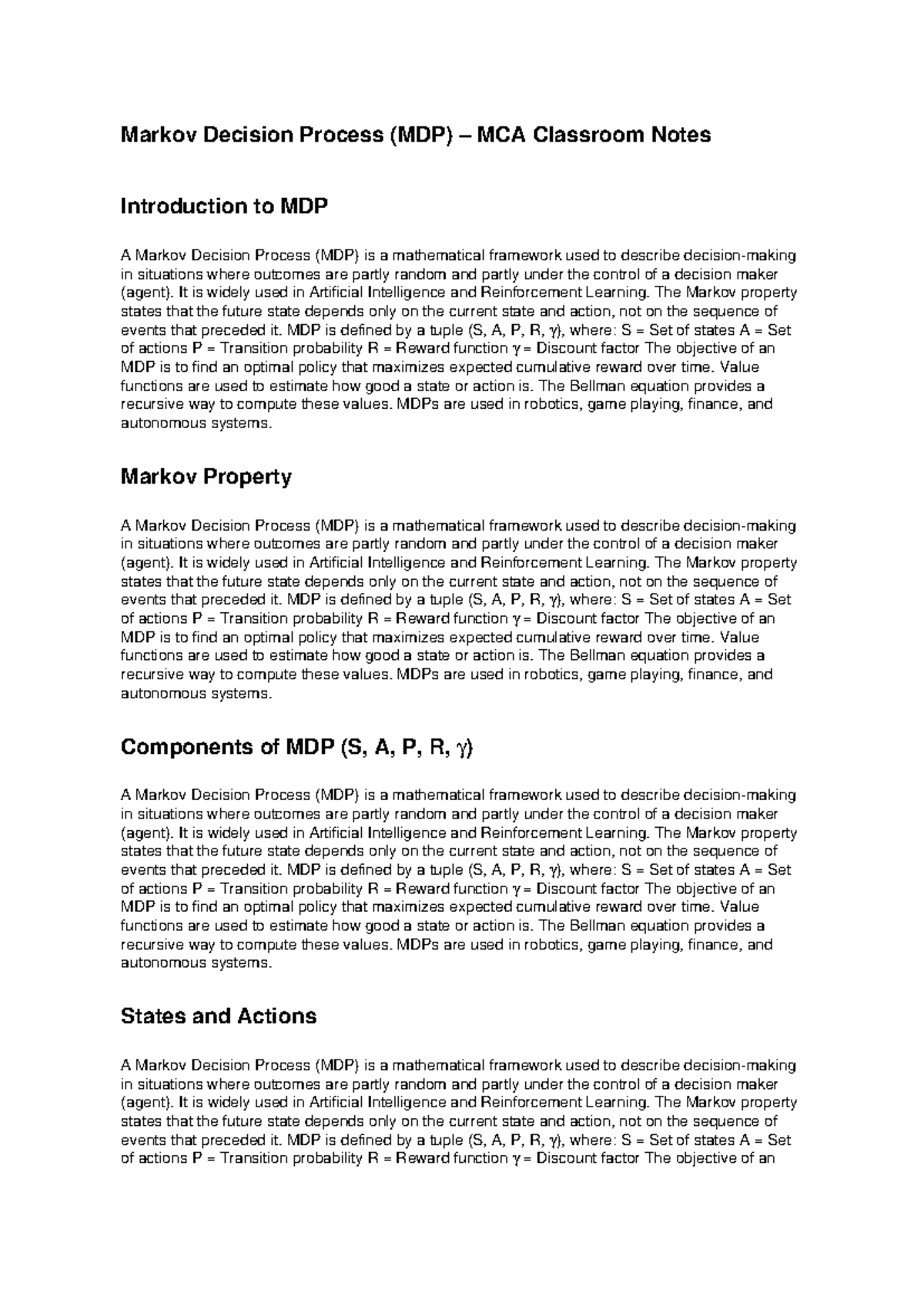 MDP MCA Classroom Notes: Understanding Markov Decision Processes - Studocu