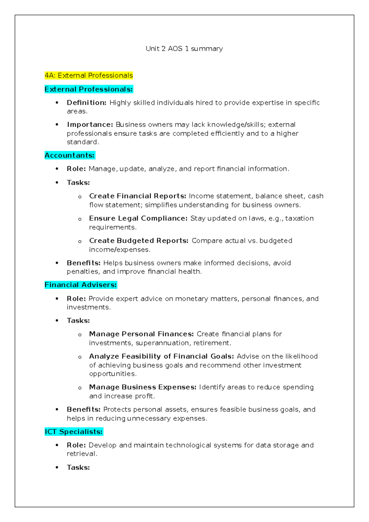 Unit 2 AOS 123 Summary - Key Notes on External Professionals and ...