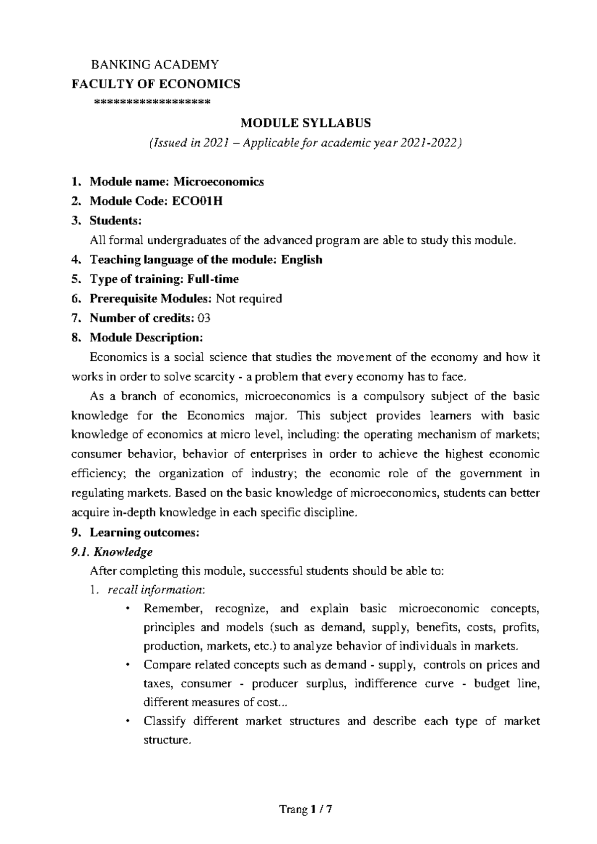 ECO01H Module Syllabus: Microeconomics Overview (2021-2022) - Studocu