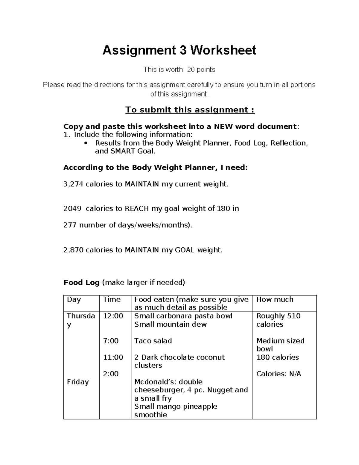 Assignment 3 Worksheet: Body Weight Planner & Food Log Reflection - Studocu