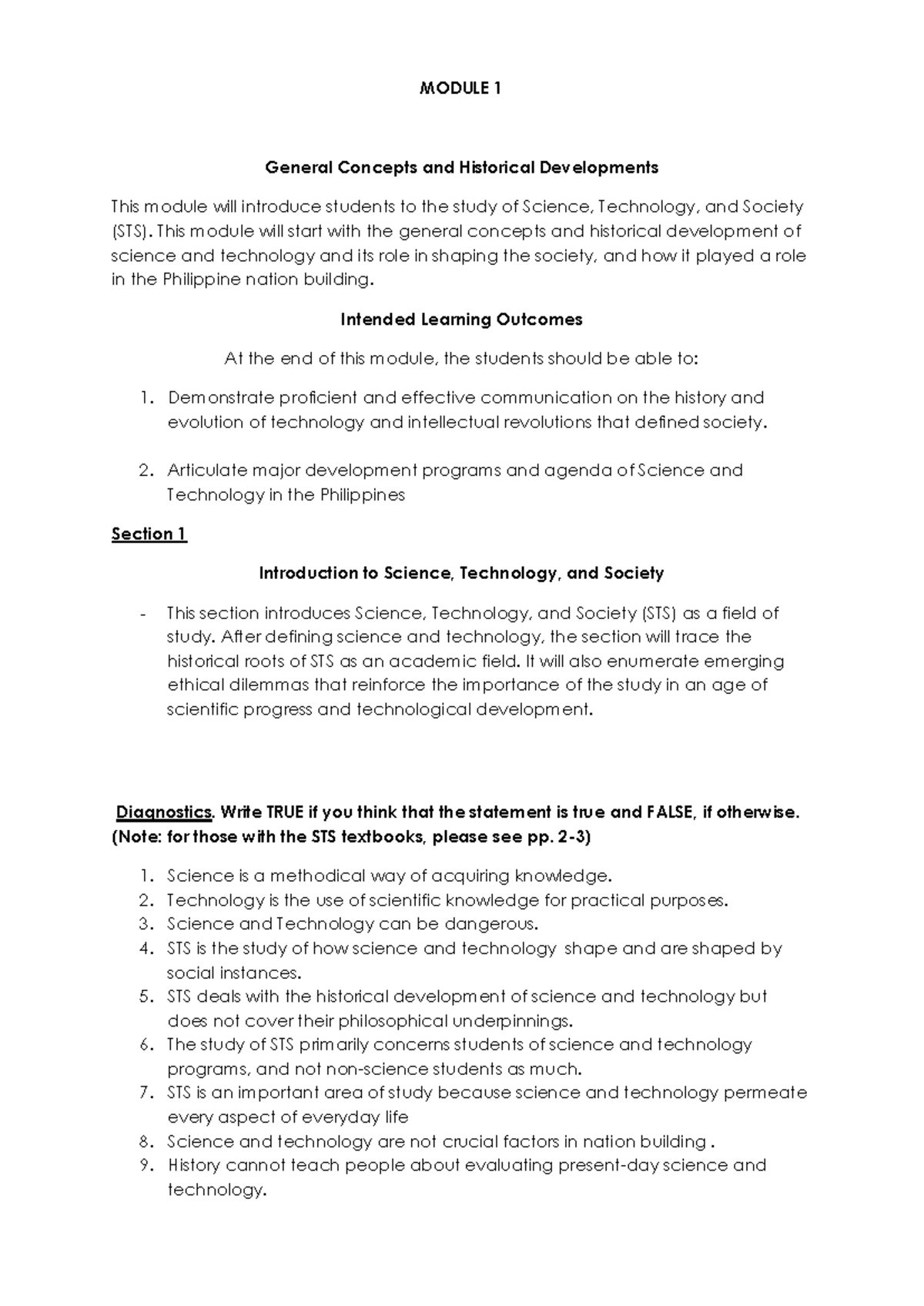 Module 1: Fundamentals of Science, Technology, and Society (STS) - Studocu