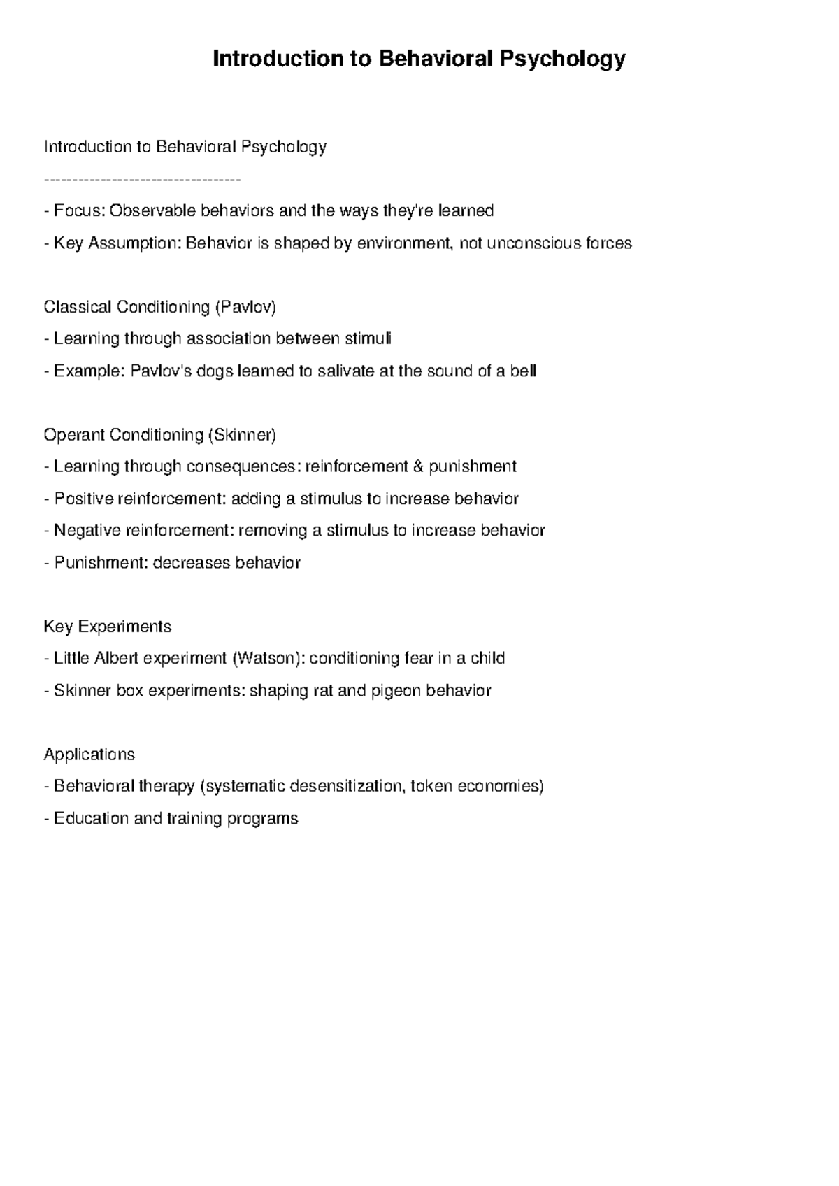 Behavioral Psychology Overview: Key Concepts & Applications - Studocu