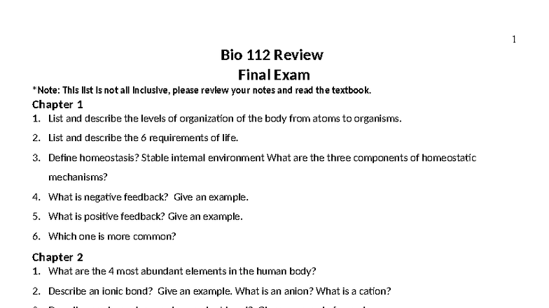 BIO 112 Final Exam Review Guide - Studocu