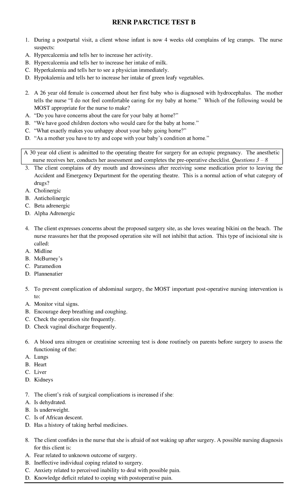 RENR Practice Test B-1: Nursing Assessment and Care Fundamentals - Studocu