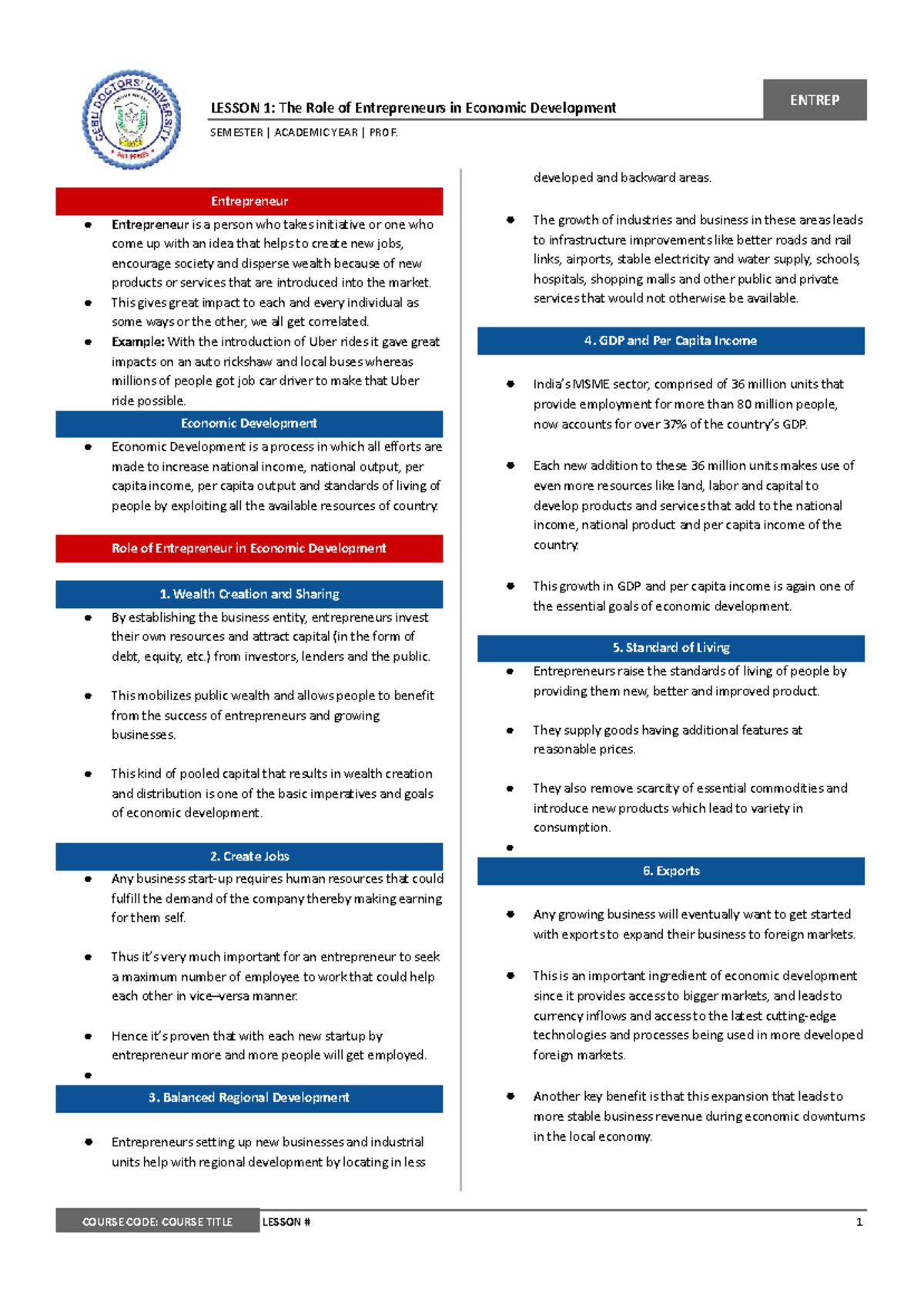 ENTREP LESSON 1: Impact of Entrepreneurs on Economic Growth - Studocu