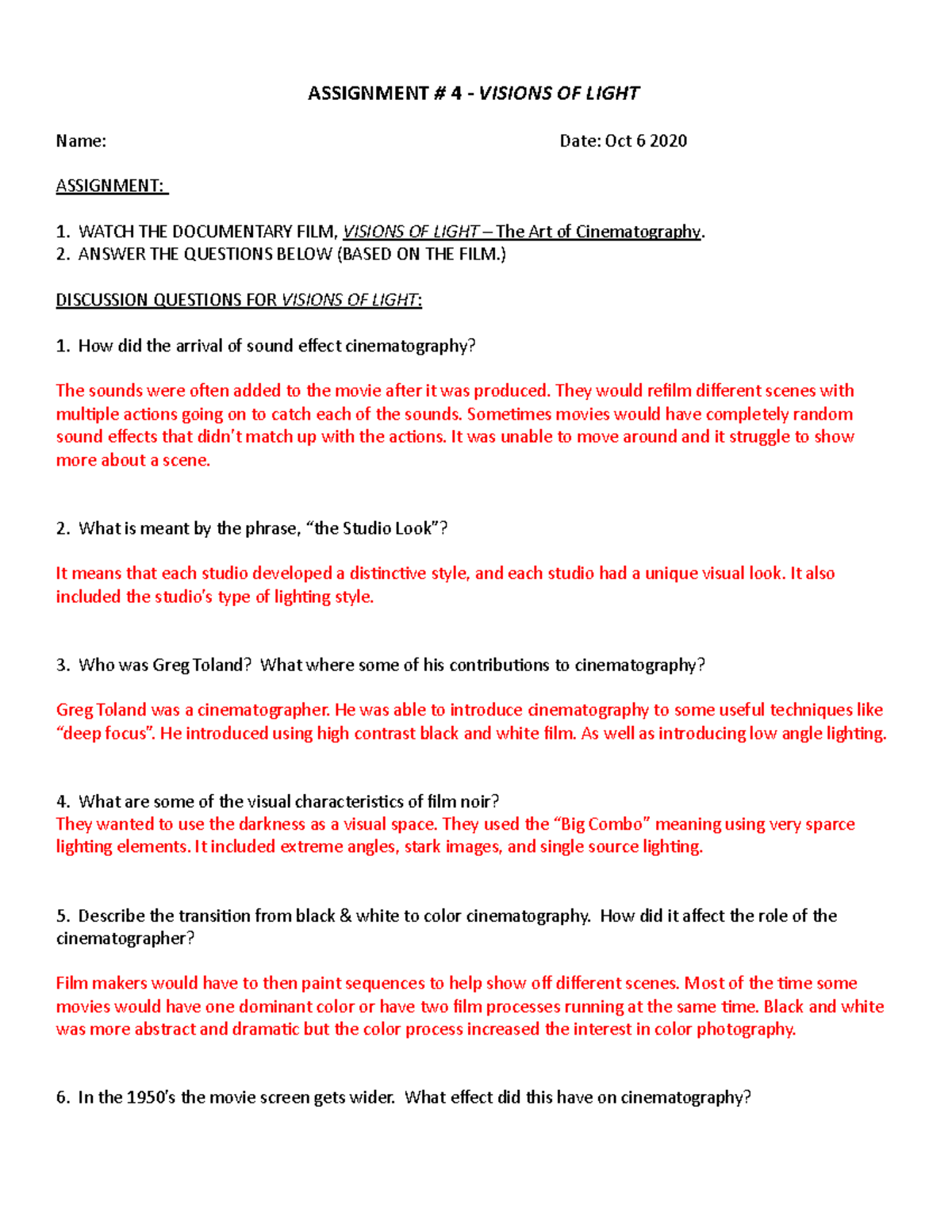 Visions of Light Assignment Questions - Fall 2020 - Studocu