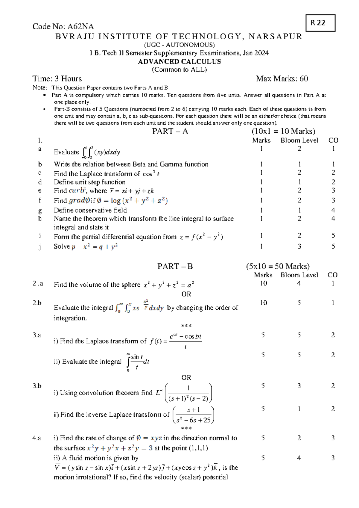 AC-R22 2 - Advanced Calculus Supplementary Exam Model Papers - Studocu