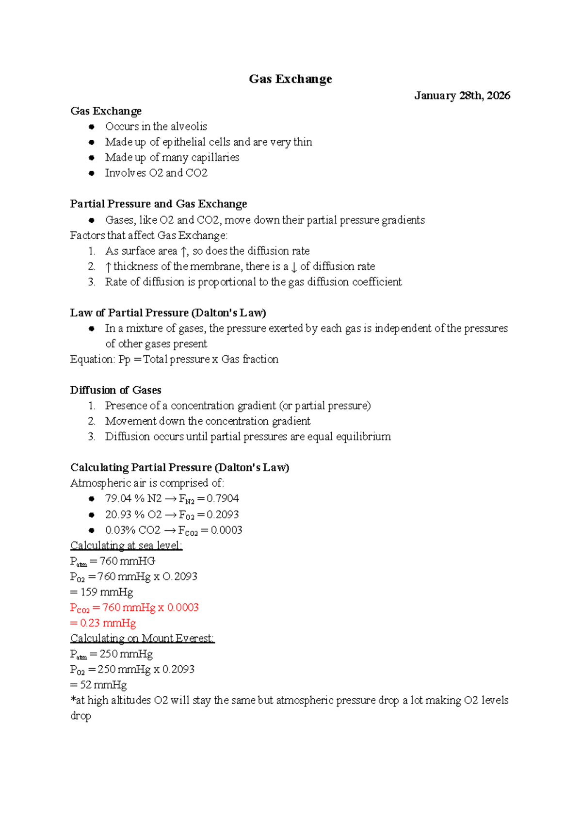 3012 - Lecture Notes on Gas Exchange Mechanisms and Factors - Studocu