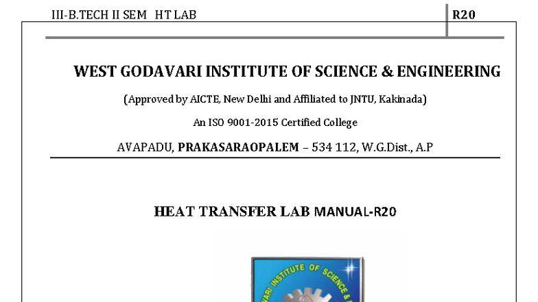 II SEM HT LAB R20 Heat Transfer Experiments Manual - Studocu