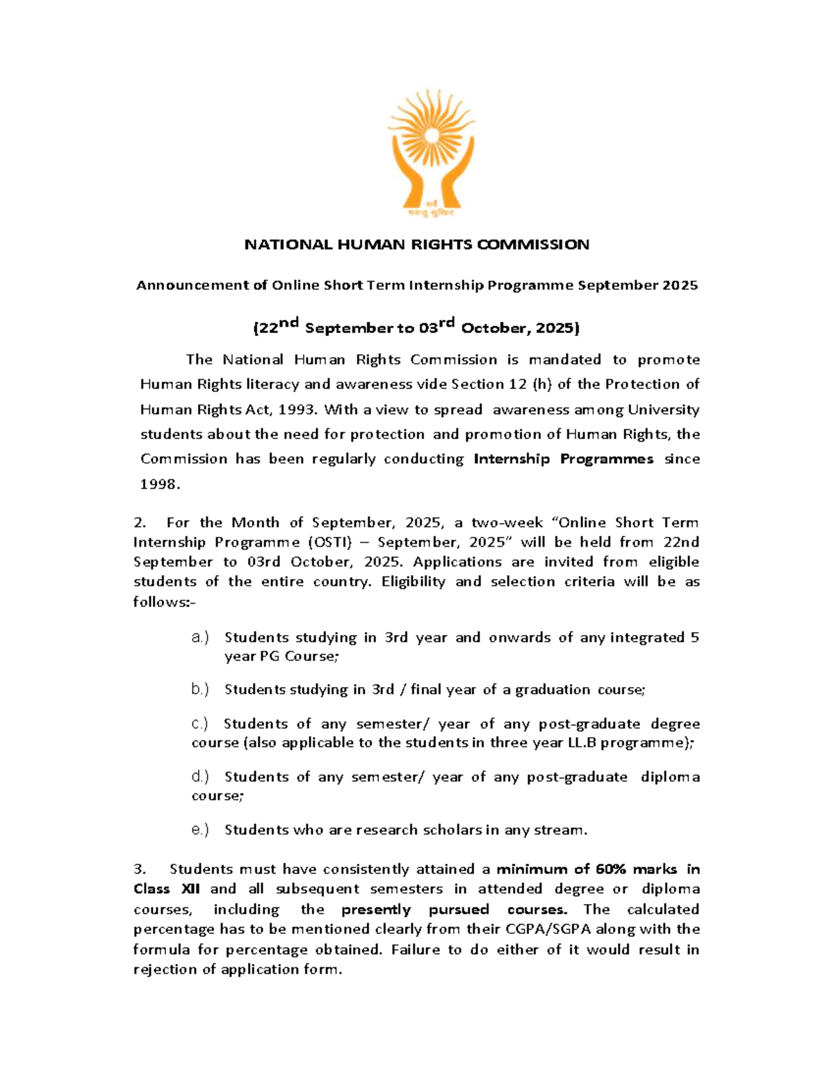 NHRC Online Short Term Internship Programme Announcement (Sep 2025) - Studocu