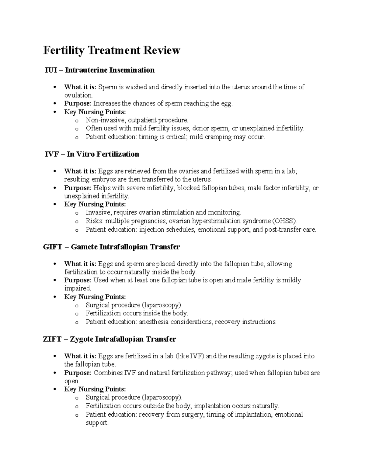 Fertility Treatment Review: IUI, IVF, GIFT, ZIFT Overview - Studocu