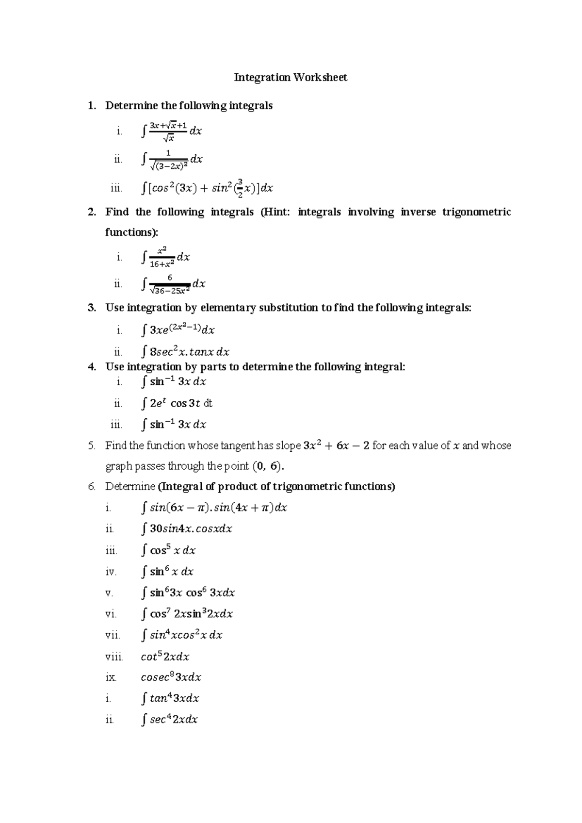 Integration Worksheet 1: Solving Various Integrals - Studocu