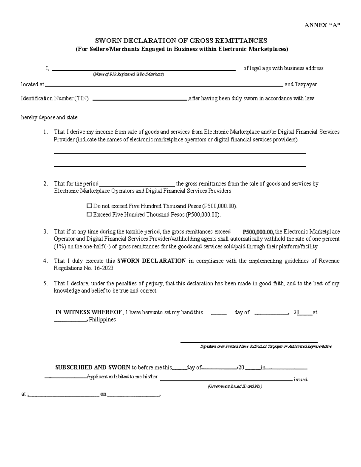 RMC No. 8-2024 Annex A: Sworn Declaration of Gross Remittances Template ...