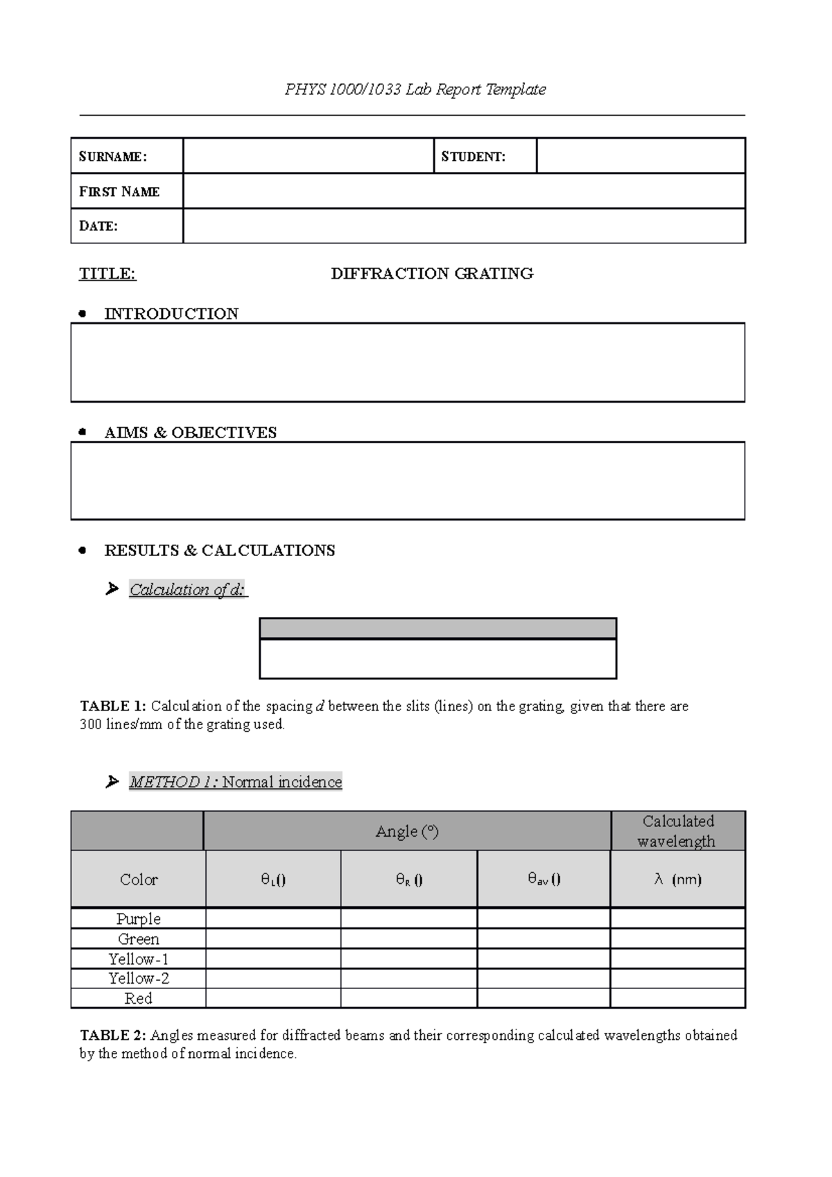 Exp06 - Diffraction Grating - Lab Report Template - PHYS 1000/1033 Lab Report Template SURNAME ...
