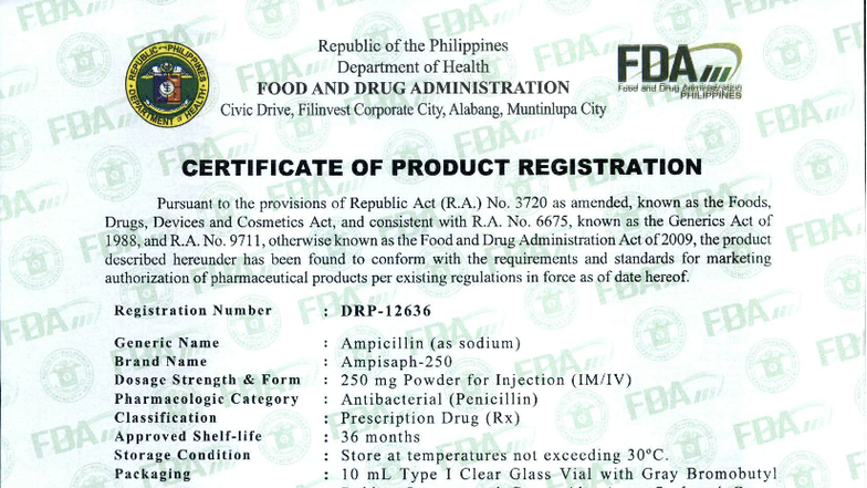 FDA Registration Certificate for Ampicillin (DRP-12636) - Studocu