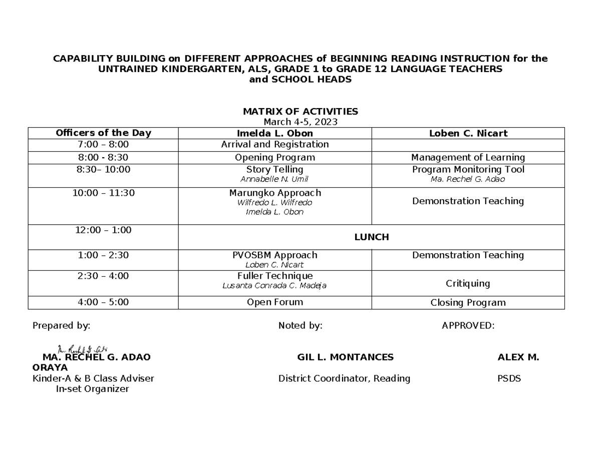 Bginning Reading matrix of Activities - CAPABILITY BUILDING on ...