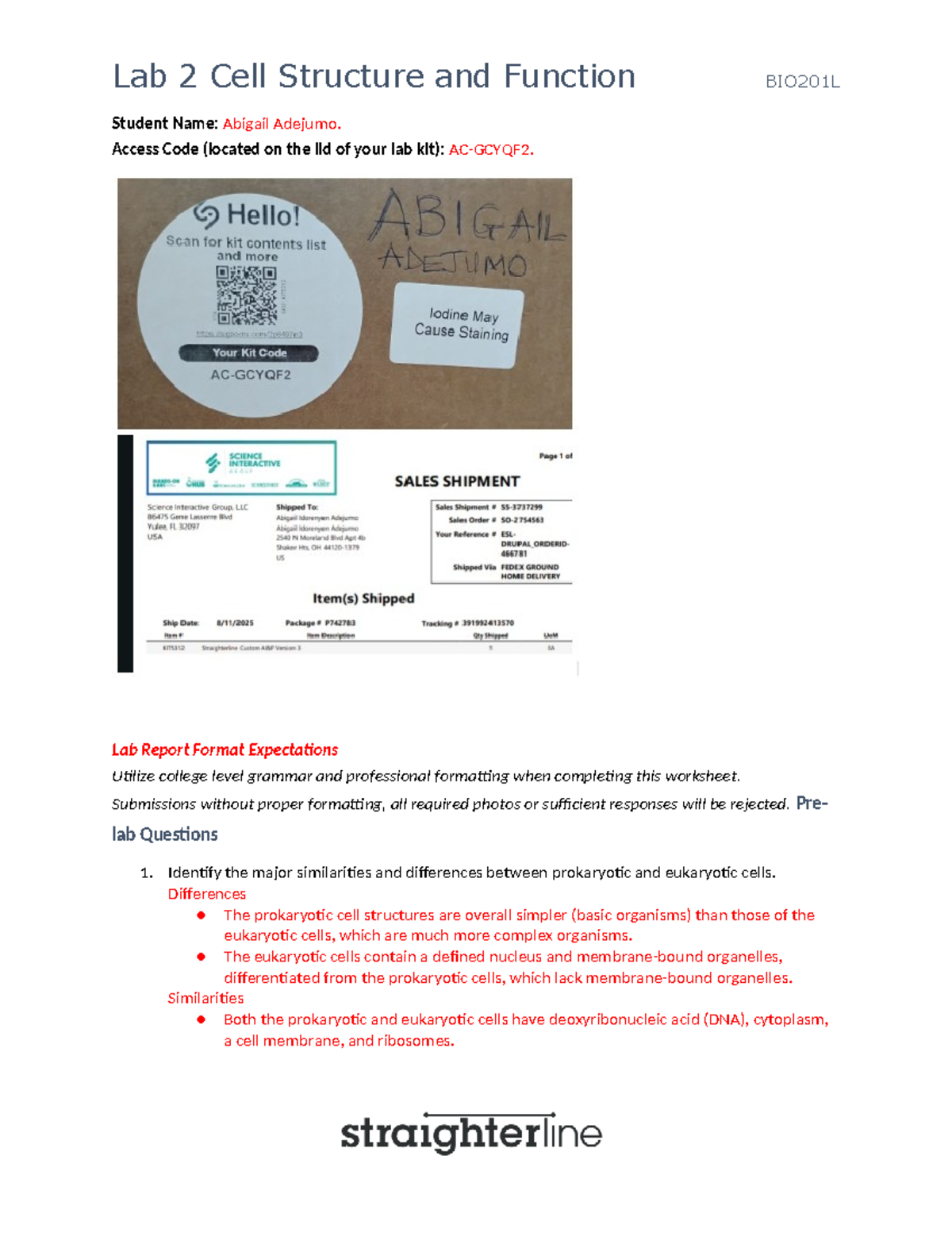 BIO201L Lab 2: Cell Structure and Function Report - Studocu