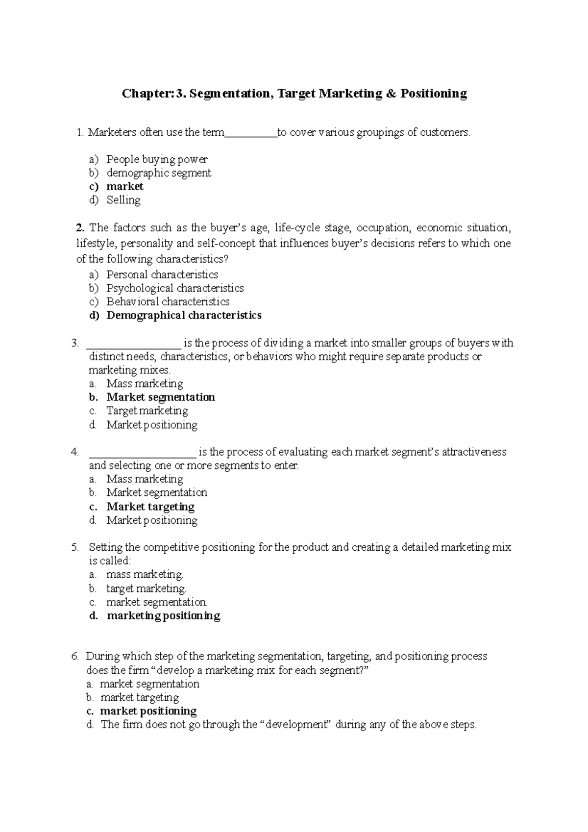 BOM Chapter 3 MCQs - Segmentation, Targeting & Positioning - Studocu