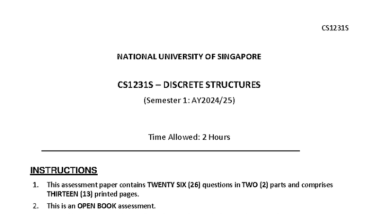 CS1231S Final Exam Questions - Discrete Structures - Studocu