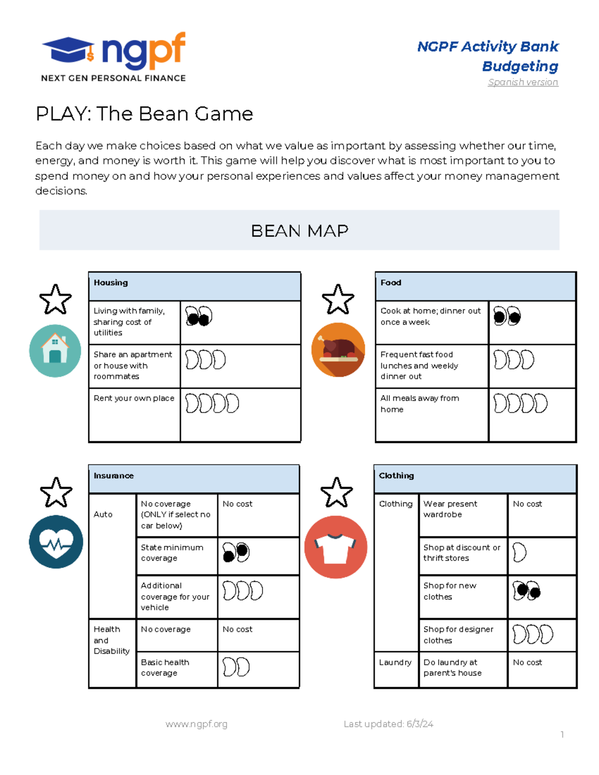 PLAY: The Bean Game - Budgeting Worksheet for NGPF Activities - Studocu