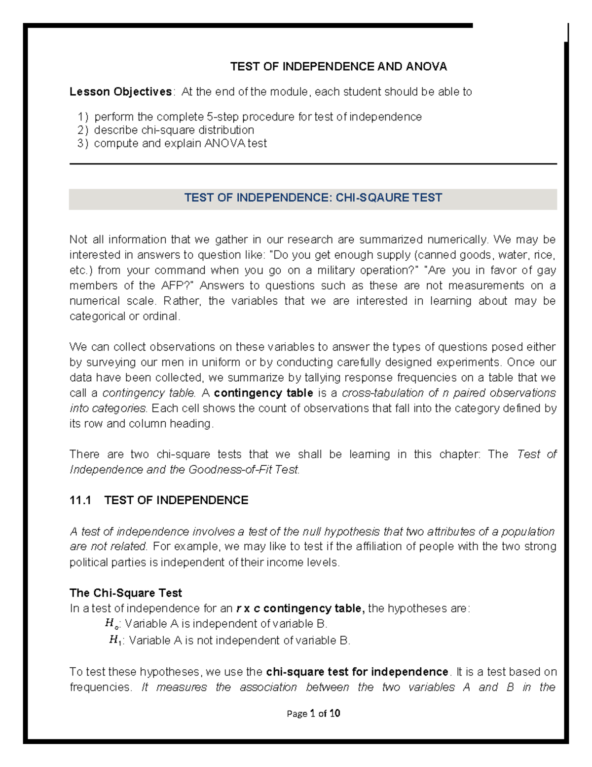 Chi-Square & ANOVA: Lesson Objectives for Module Analysis - Studocu
