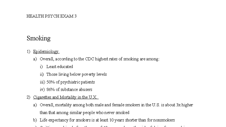 Health Psych Exam 3: Smoking, Pain, and Treatment Insights - Studocu
