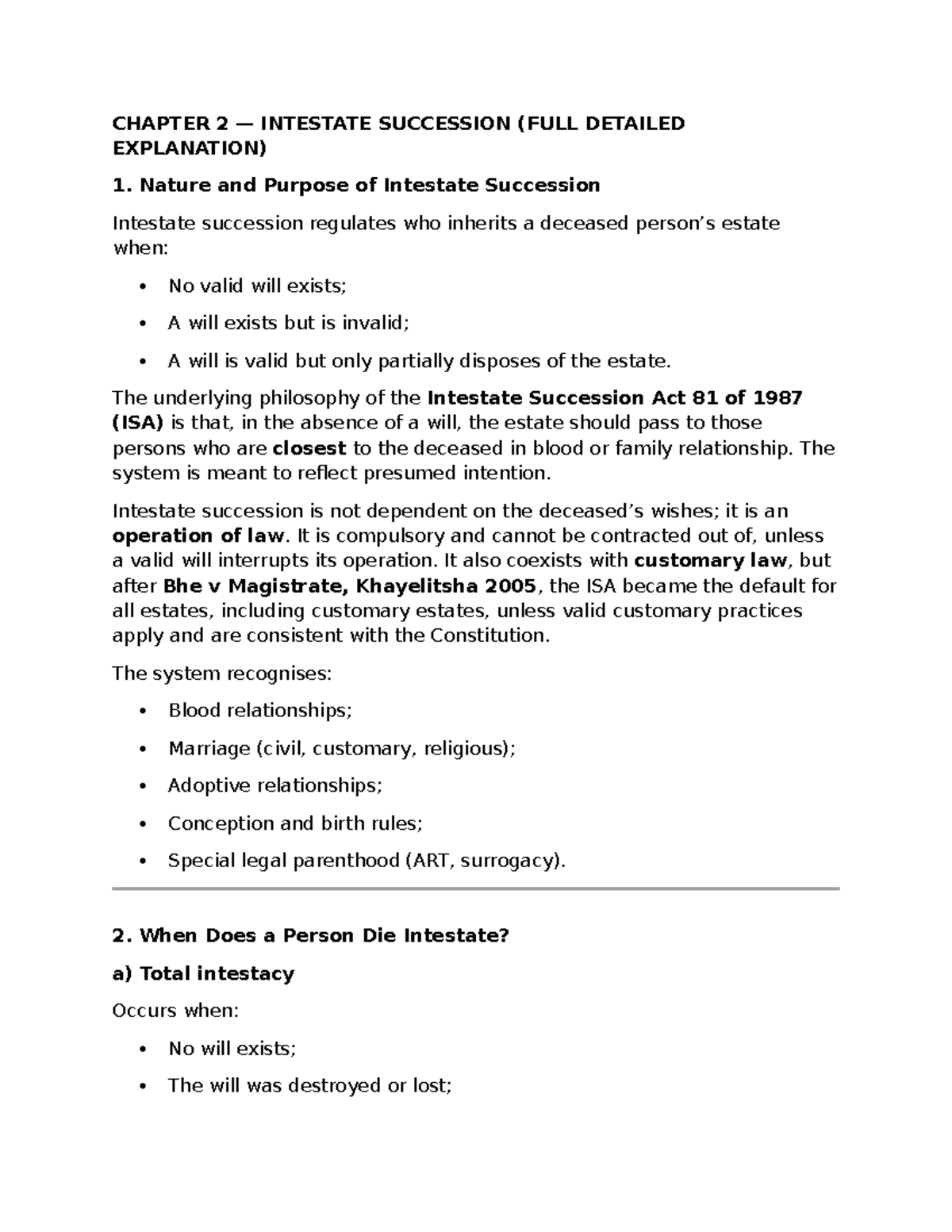 CHAPTER 2: INTESTATE SUCCESSION - DETAILED EXPLANATION (LAW 101) - Studocu