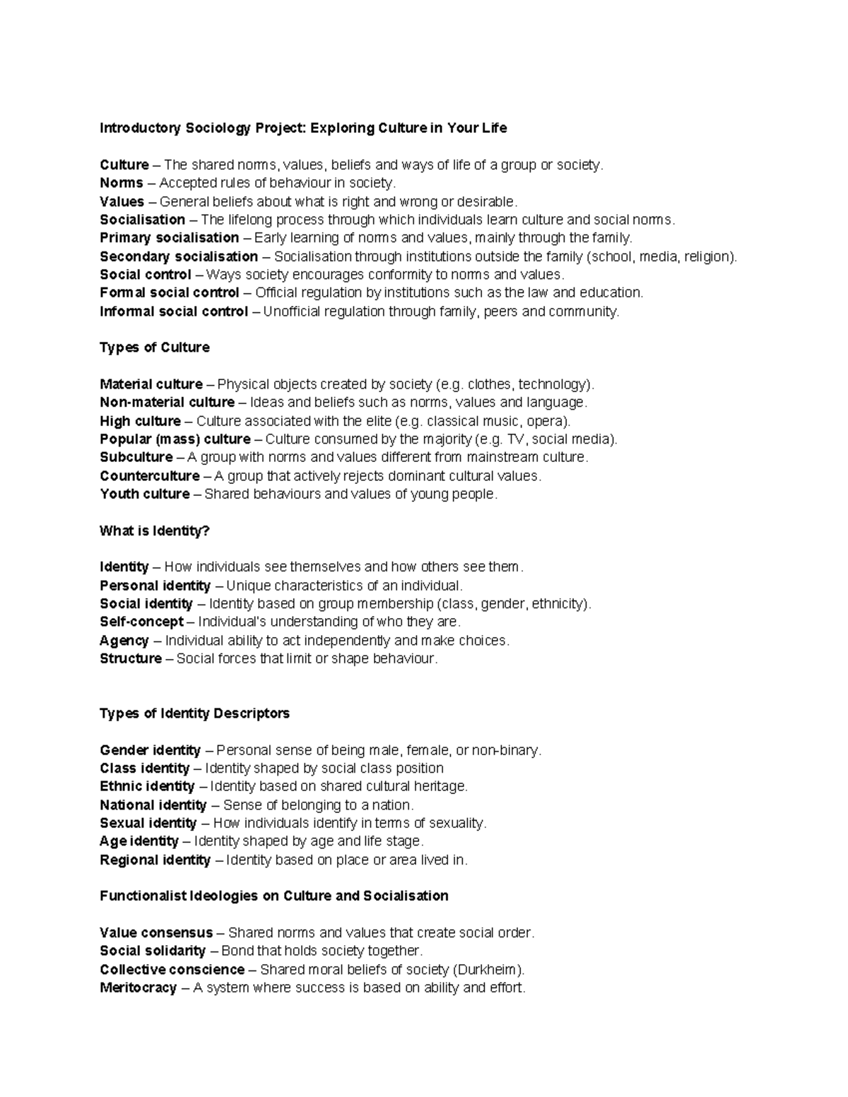 Introductory Sociology Project: Understanding Culture and Identity ...