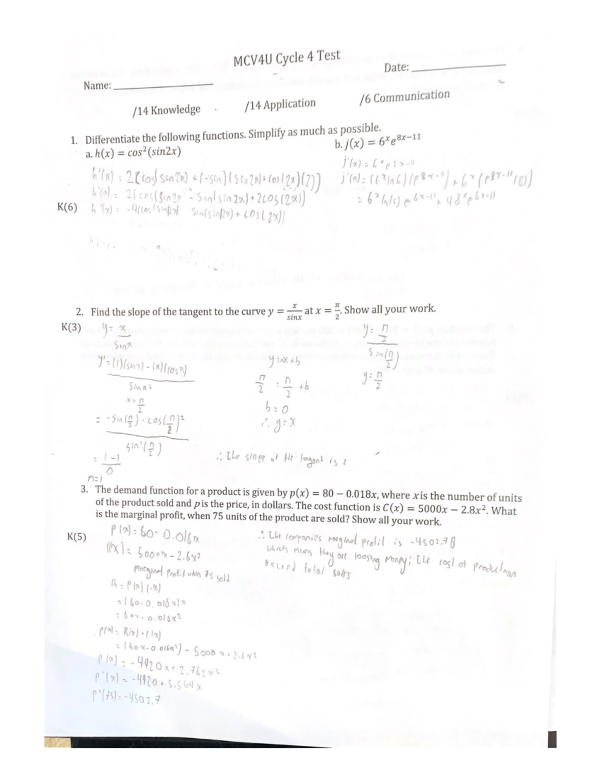 MCV4U Cycle 4 Test 4 - Tutorial Exercises and Solutions - Studocu