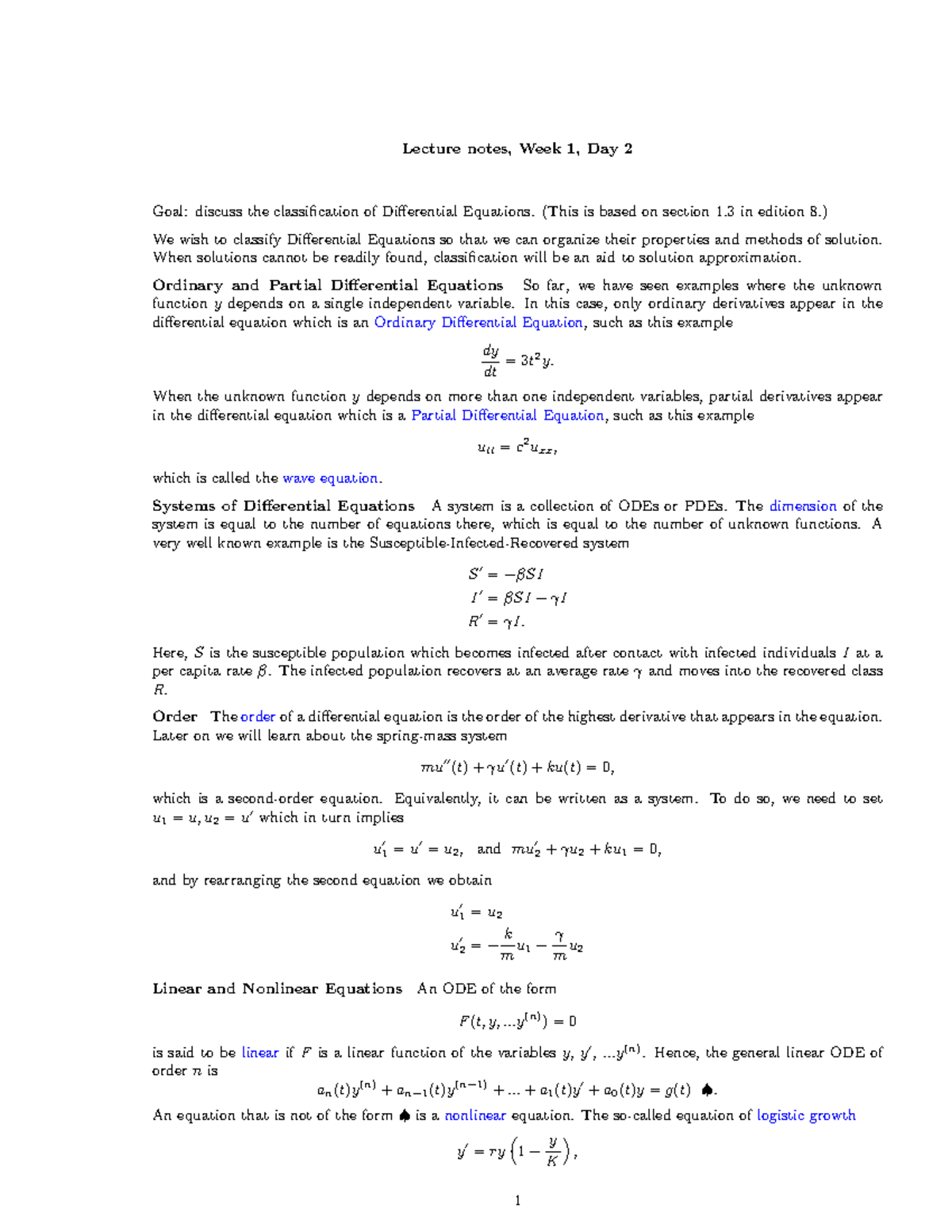 Lecture Notes: Differential Equations Classification (Week 1, Day 2 ...