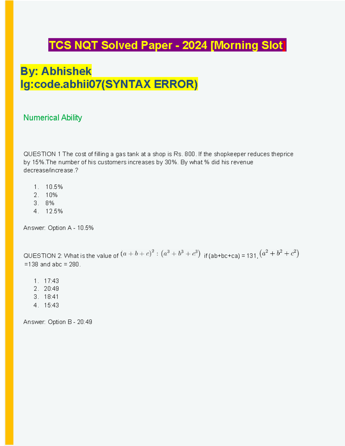 TCS NQT Solved Paper 2024 - Comprehensive Numerical Ability Questions ...