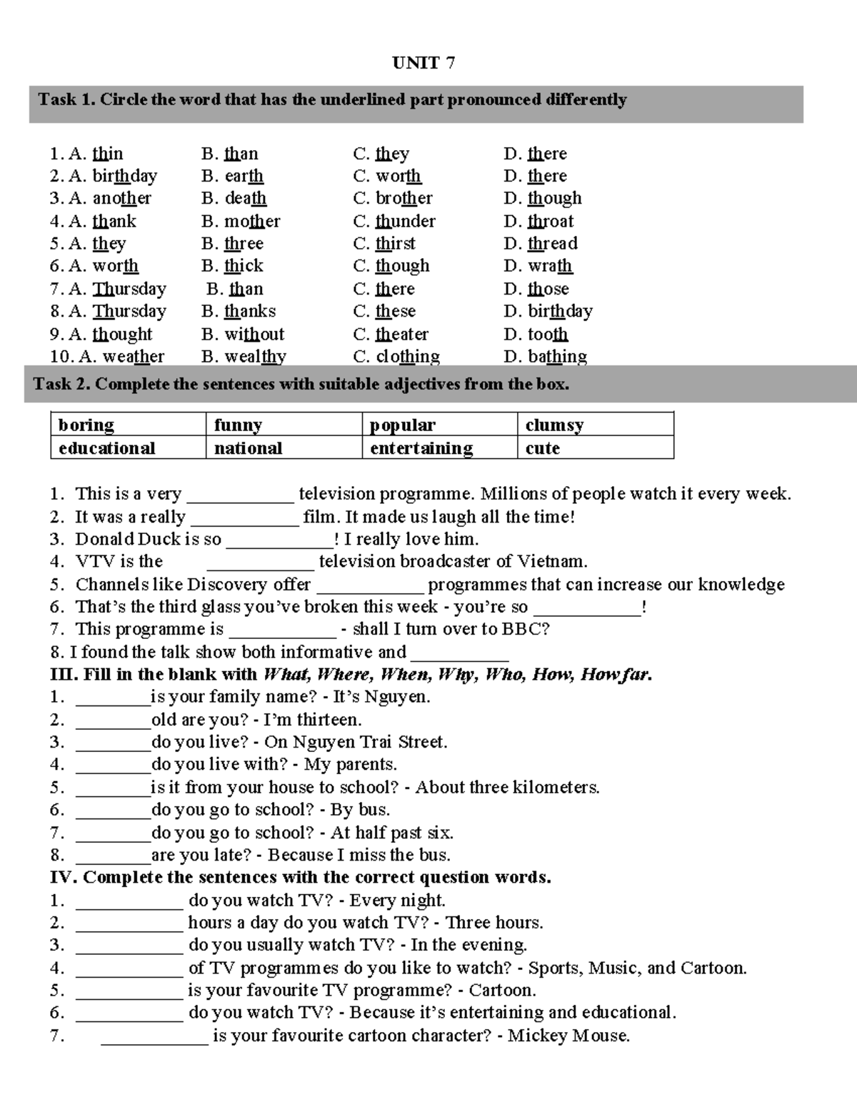 ÔN THI GIỮA KÌ II. UNIT 7-8-9 - UNIT 7 A. thin B. than C. they D. there ...