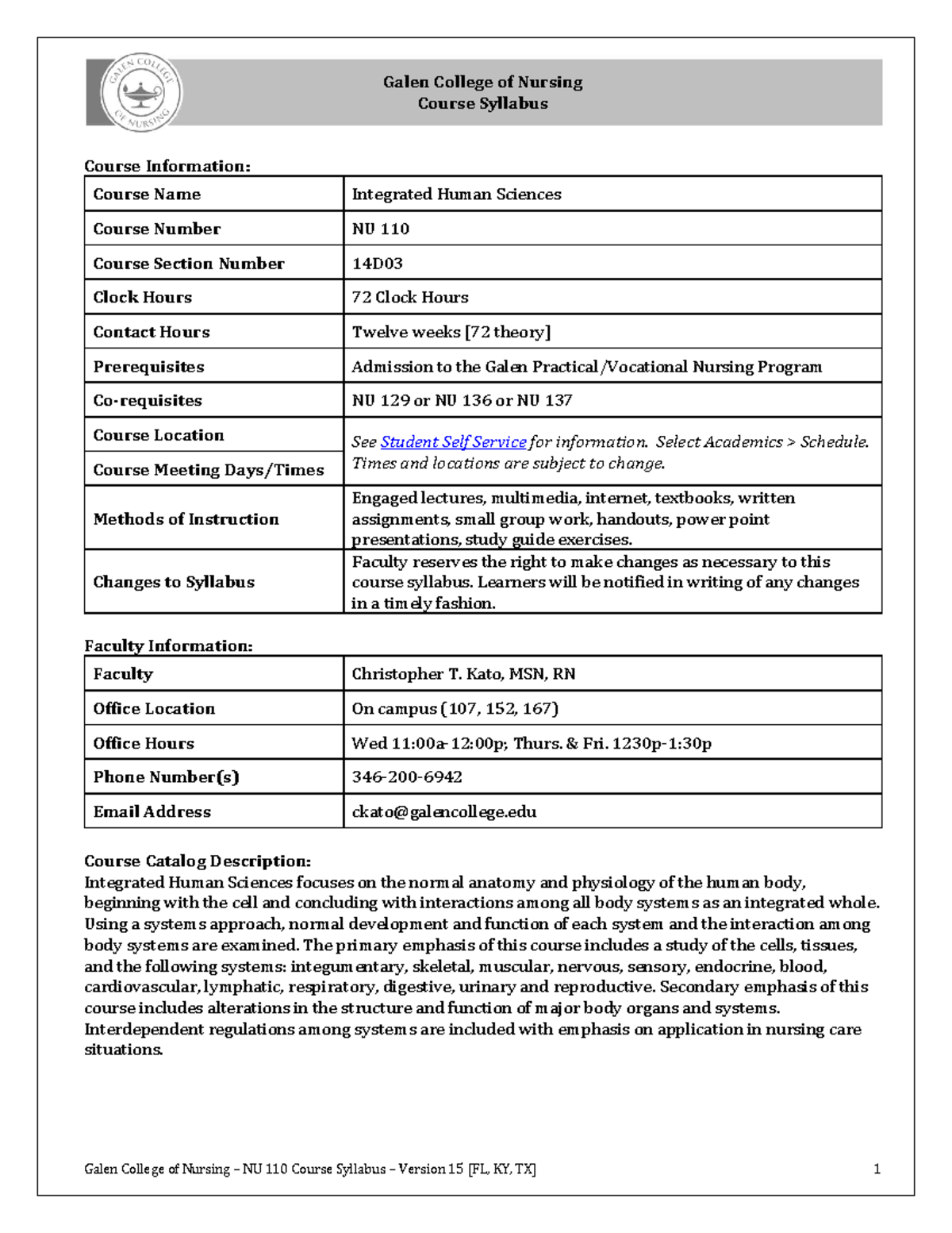 NU 110 Integrated Human Sciences Syllabus - Version 15 (Kato, 14D03 ...