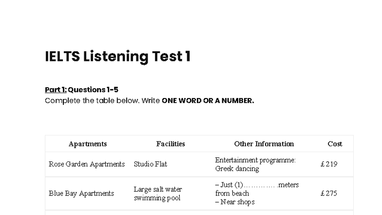 IELTS Listening Practice Test 1: Complete the Table and Questions - Studocu
