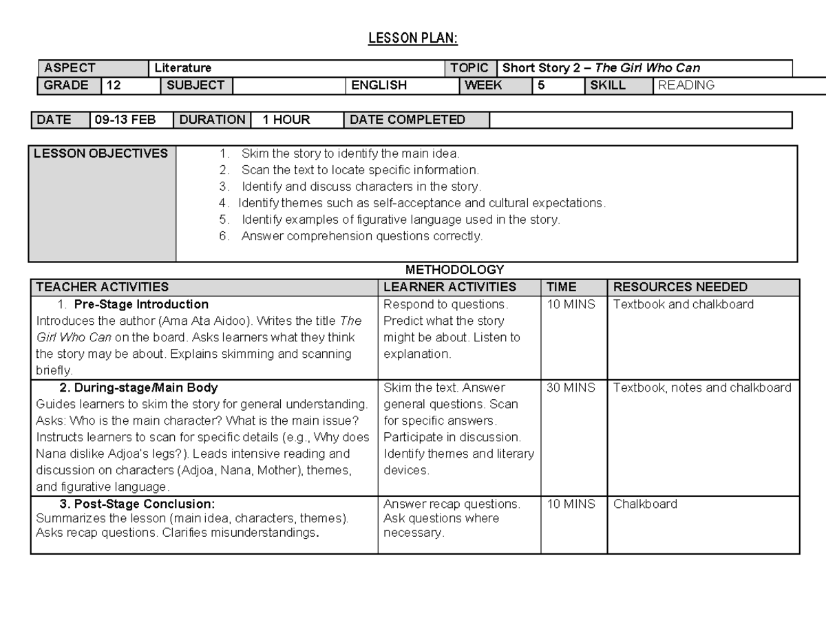 Grade 12 English Lesson Plan: The Girl Who Can (Week 5) - Studocu