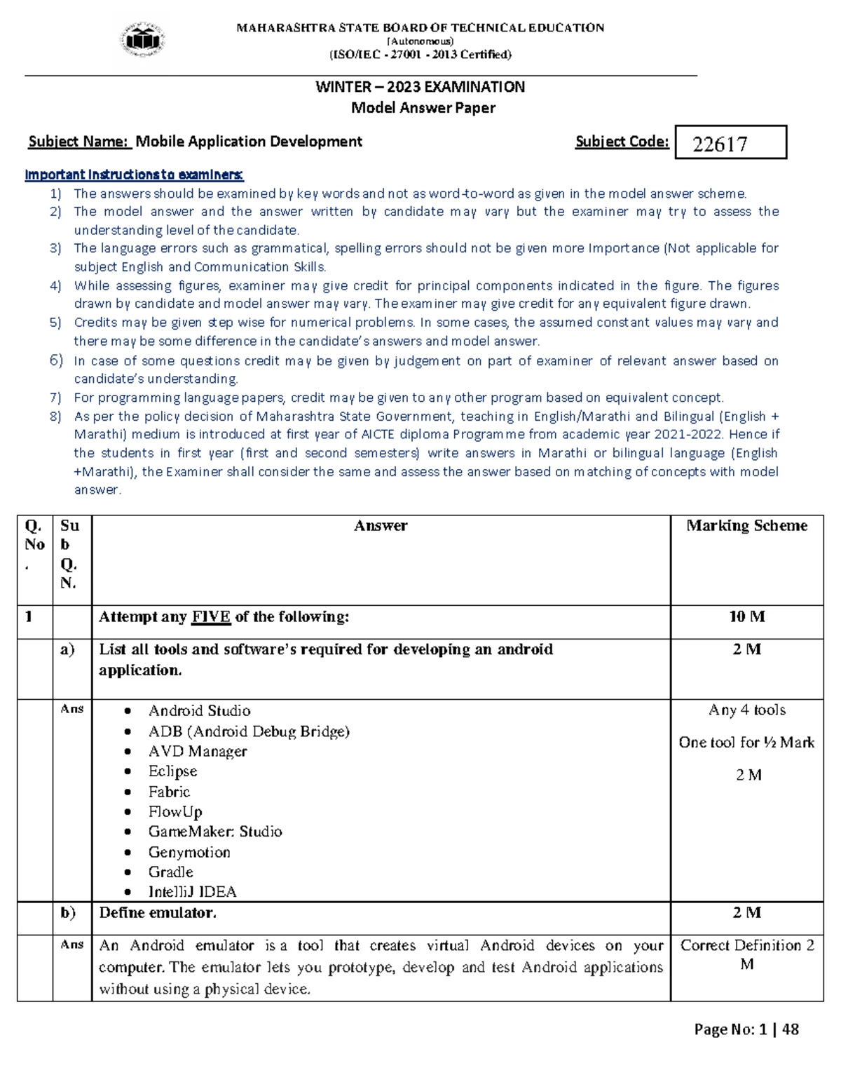 MAD 22617 - Model Answer Paper for Mobile Application Development Winter 2023 - Studocu