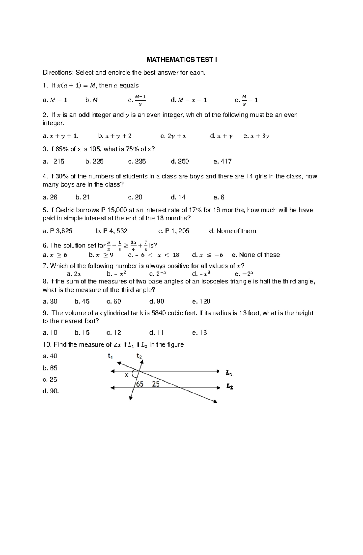 Math 201 - PISA Review: Advanced Mathematics Test II Solutions - Studocu