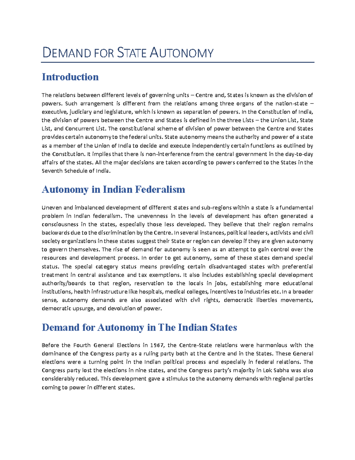 Demand for State Autonomy in Indian Federalism: A Study on Regional ...
