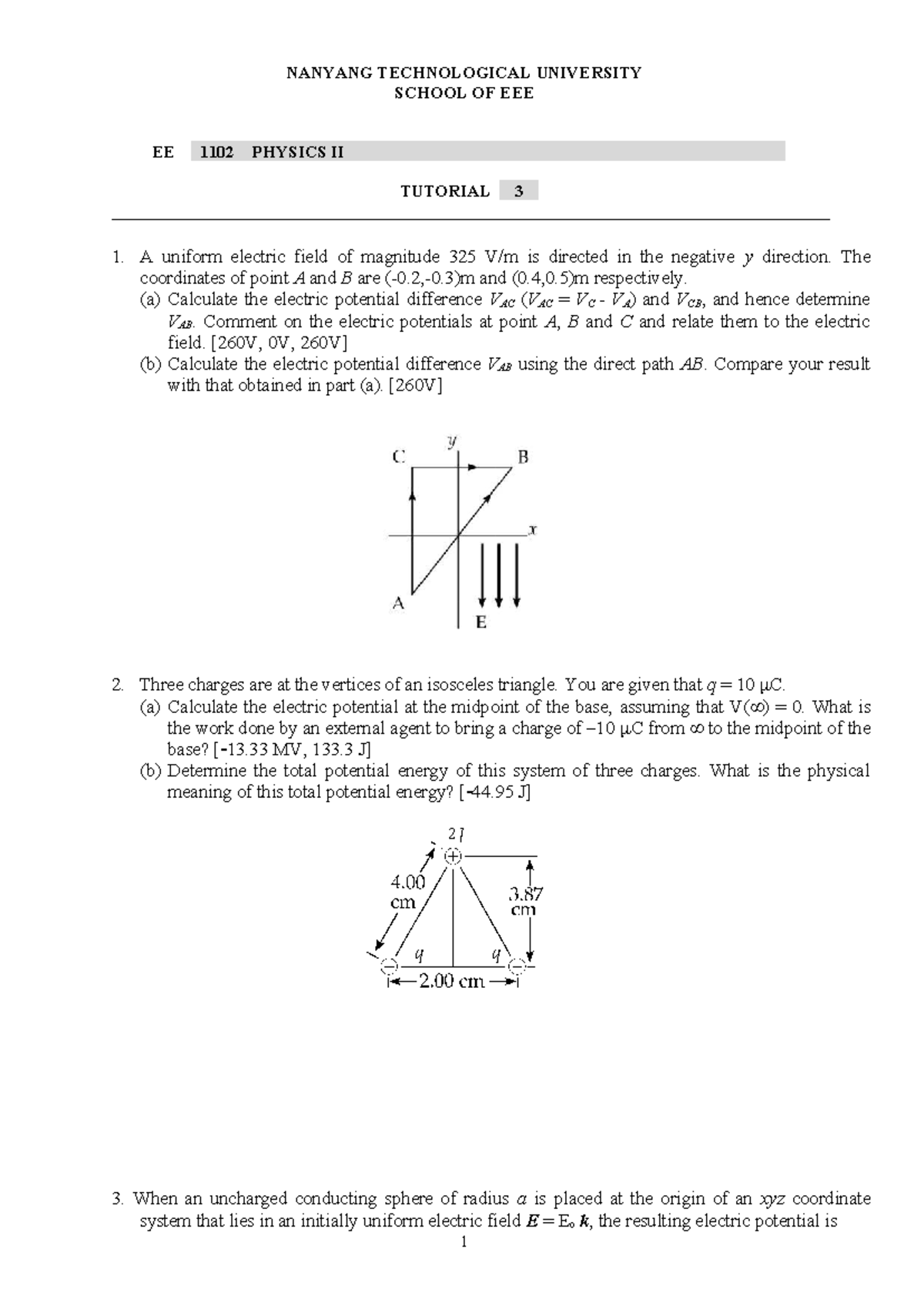 EE1102 Physics II Tutorial 3: Electric Potential and Field Calculations ...