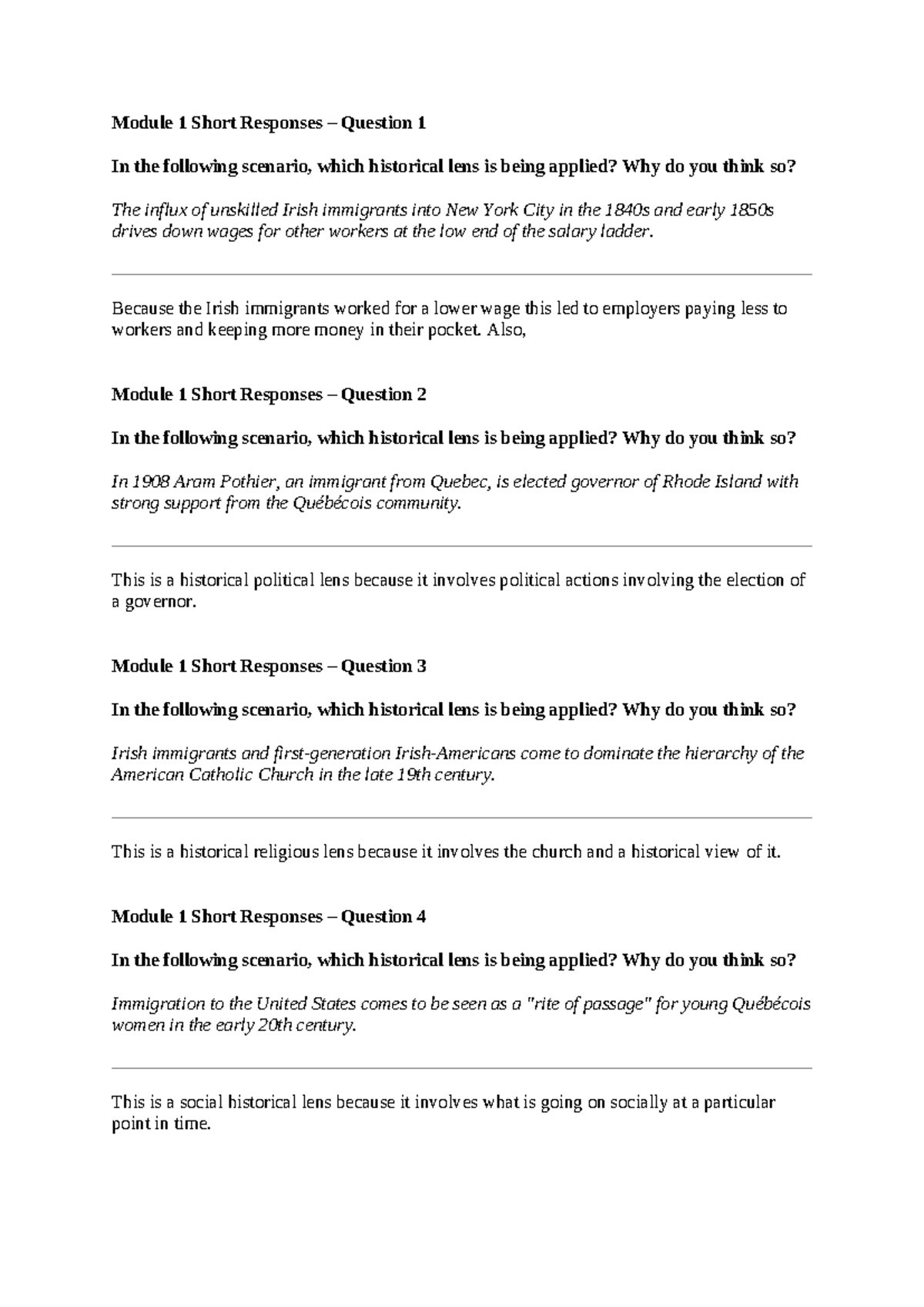 HIS 200 Module 1 Short Responses on Historical Lenses and Research ...