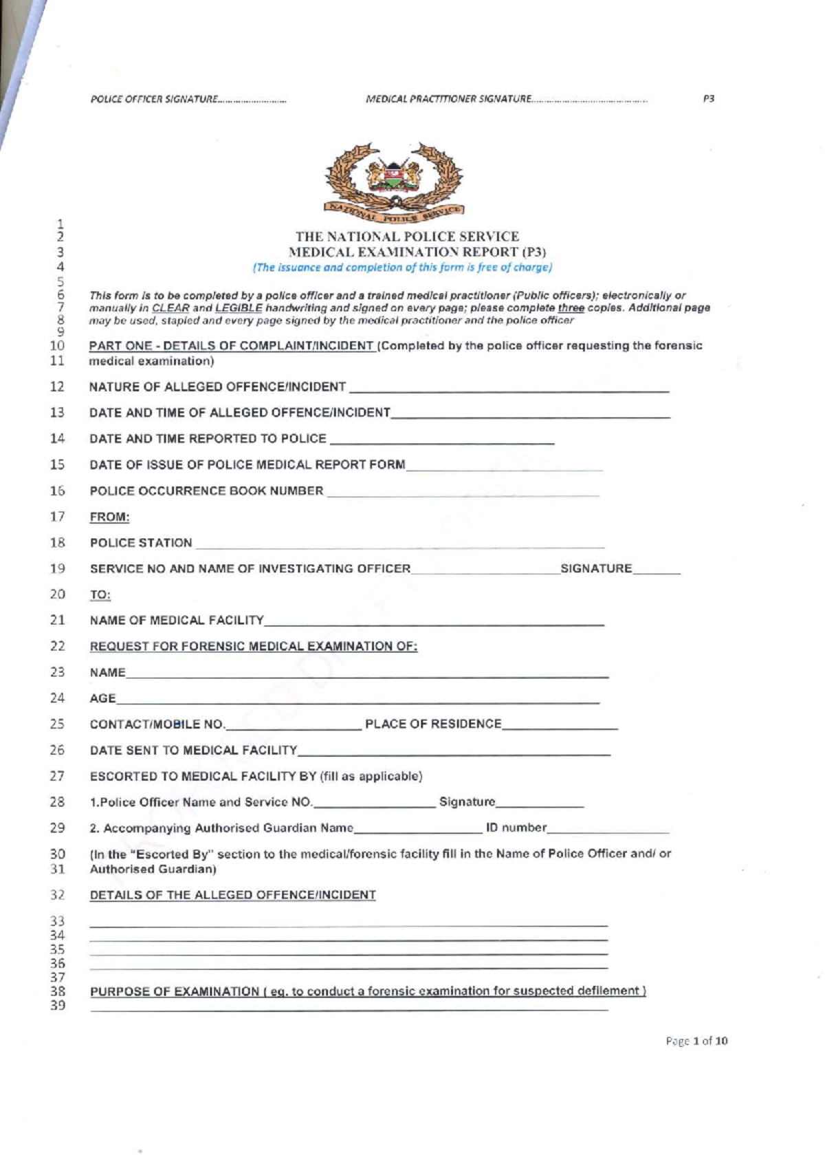 P3 FORM - Medical Examination Report for Police Officers - Studocu