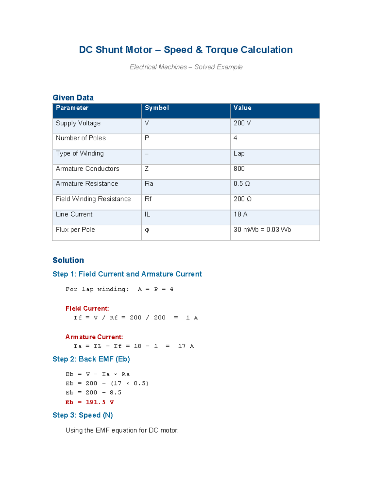 DC Shunt Motor Speed & Torque Calculation Example - Studocu