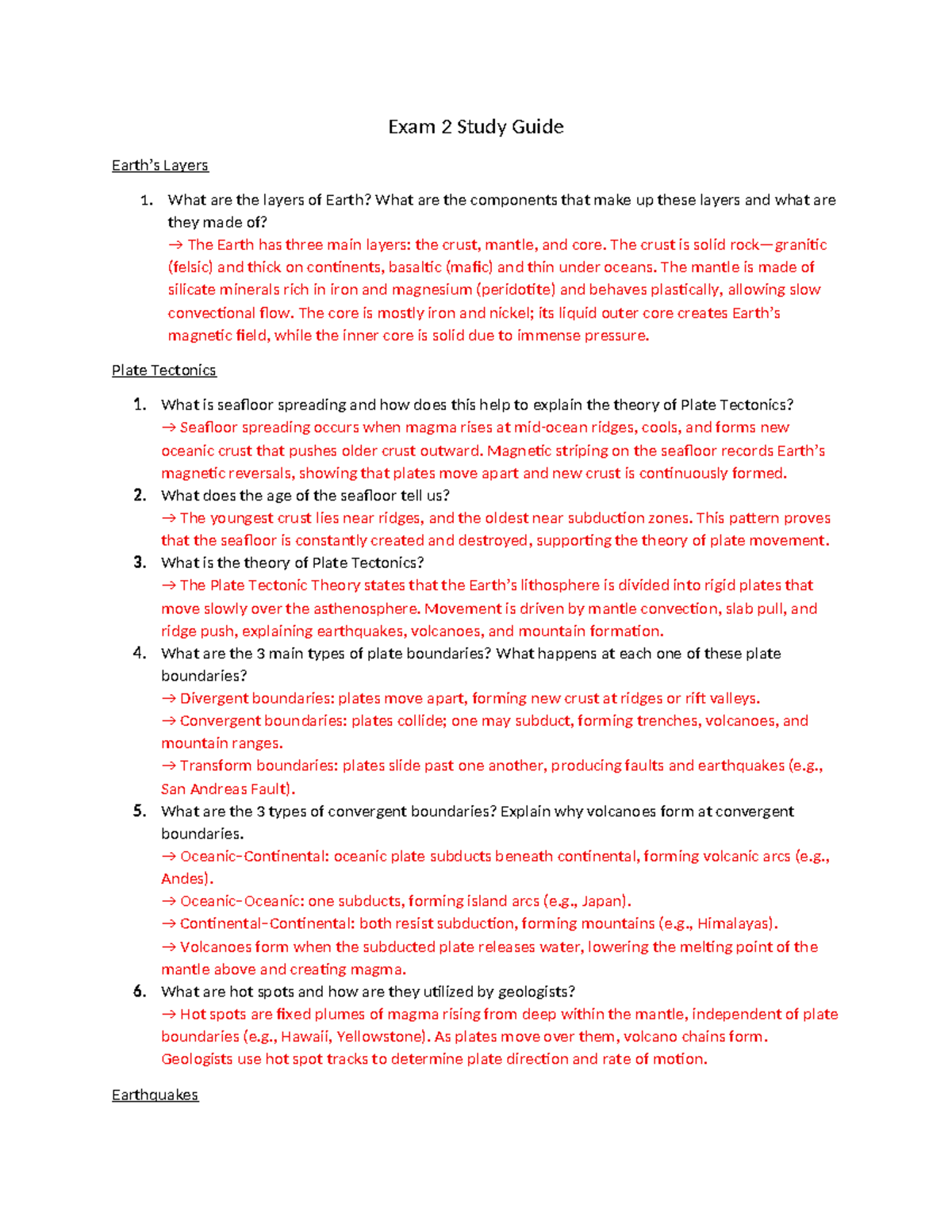 Exam 2 Study Guide: Earth's Layers, Plate Tectonics & Volcanoes - Studocu