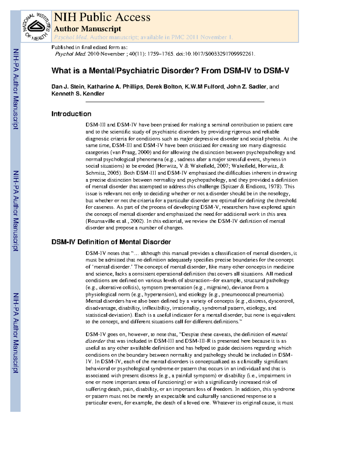 Understanding the Transition from DSM-IV to DSM-V: Mental Disorder ...